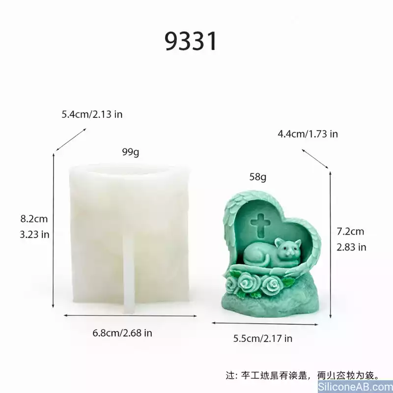 Heart Angel Wings Cat Memorial Silicone Mold with Roses